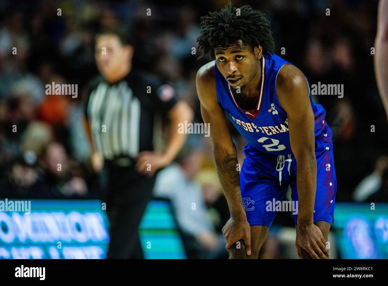 Winston-Salem, NC, USA. 21st Dec, 2023. Presbyterian Blue Hose guard ...