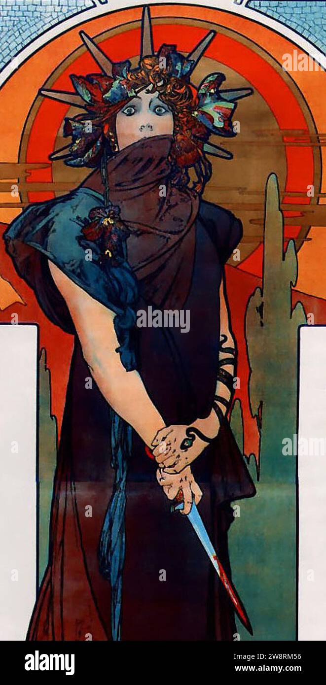 Woman with bloody dagger, Alfons Mucha - Medea (cropped Stock Photo - Alamy