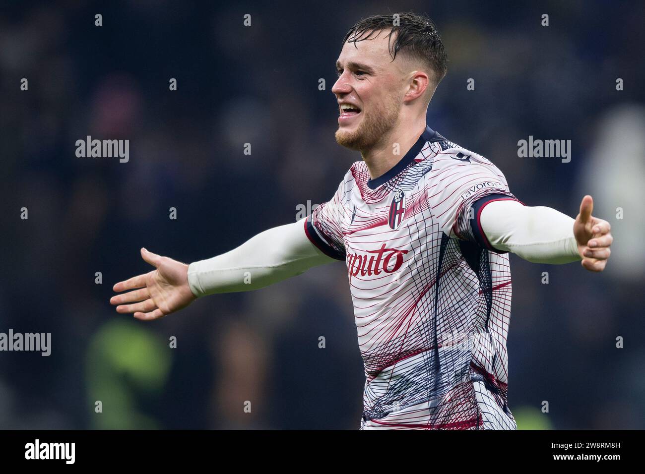 Milan, Italy. 20 December 2023. Sam Beukema of Bologna FC celebrates ...