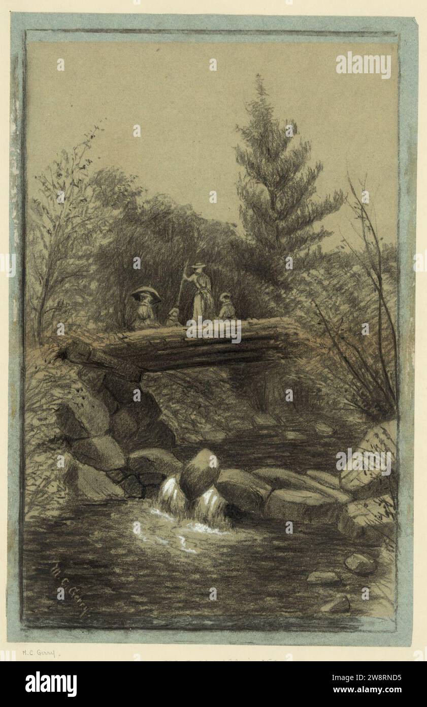 Women seated and standing on bridge over brook Stock Photo - Alamy