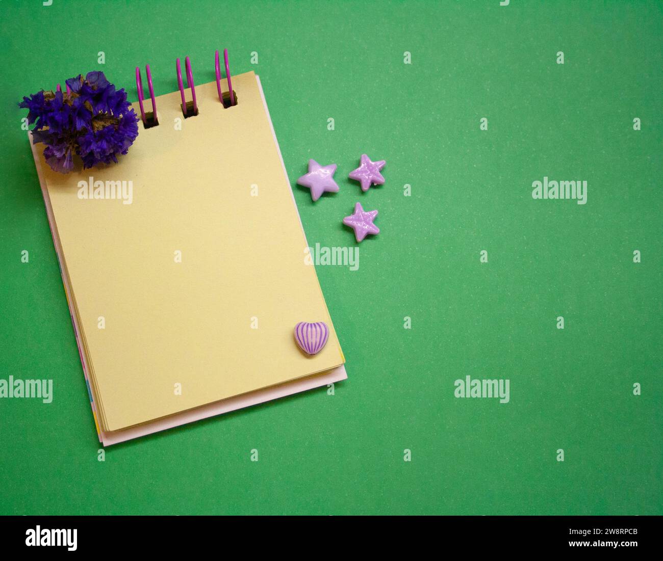 Diary in green background . Hearts and sea stars. Copy space Stock ...