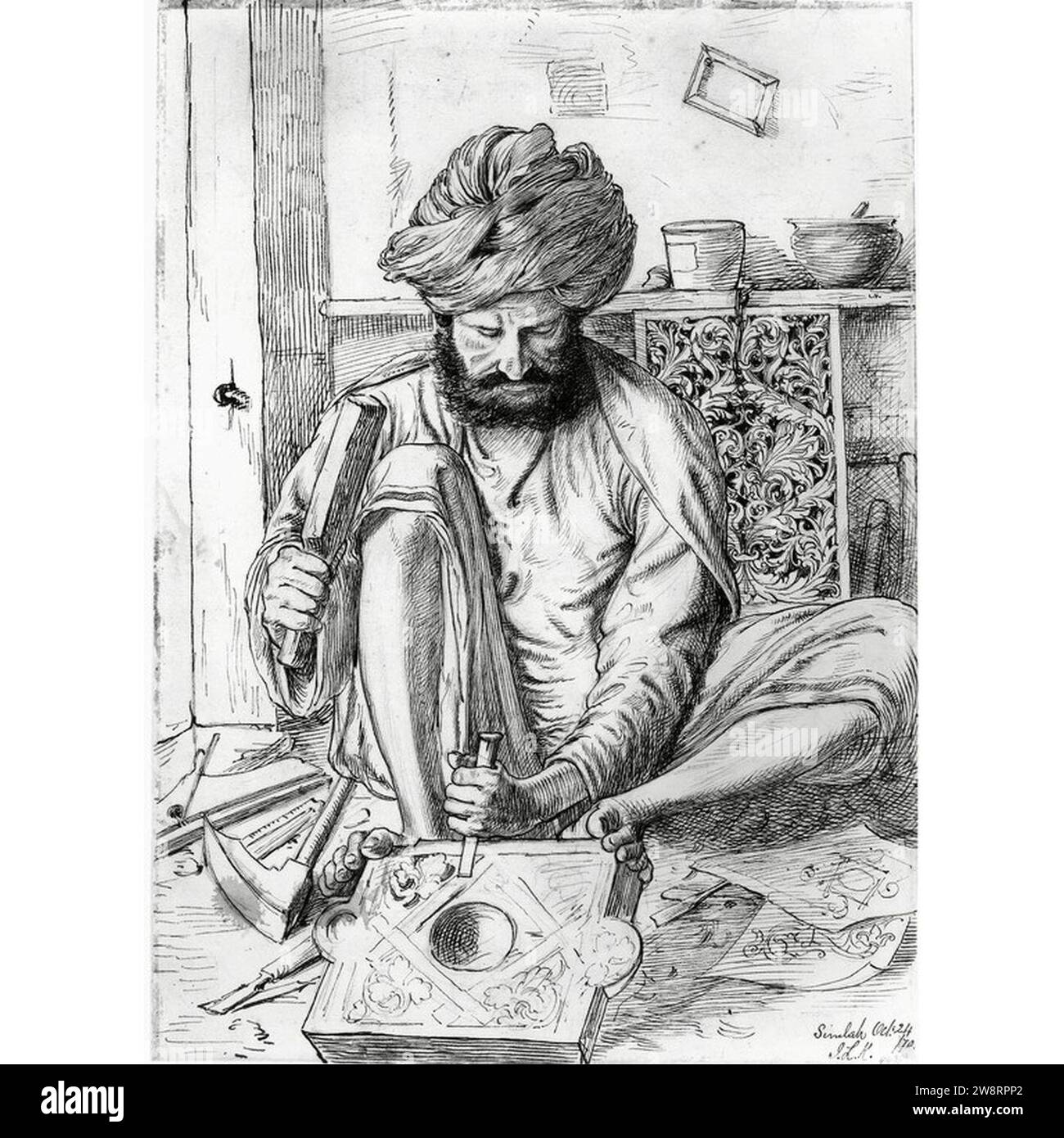 Wood Carver at Shimla, pencil and ink drawing by John Lockwood Kipling ...