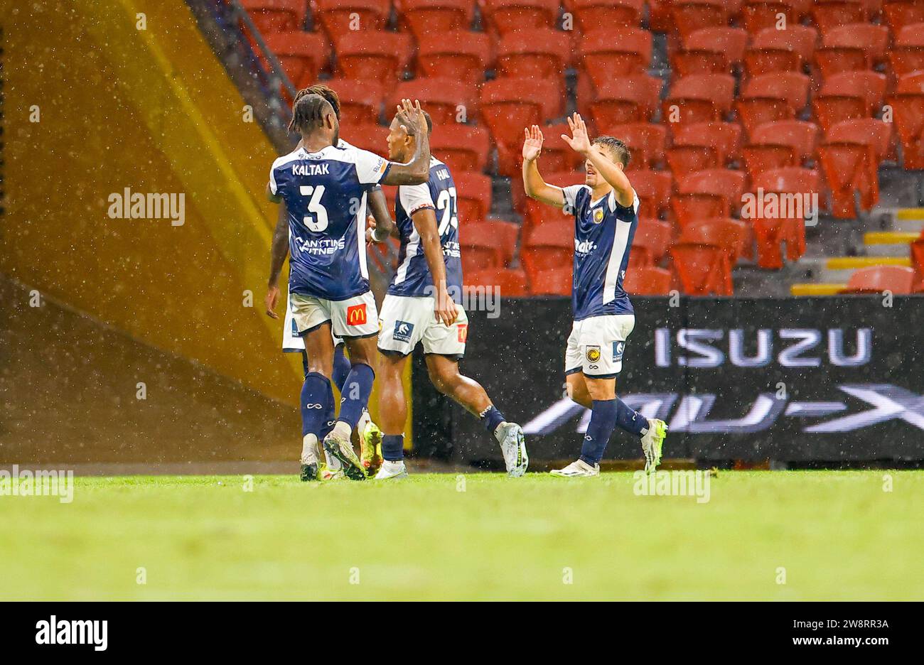 Brisbane, Australia. 21st Dec 2023. Central Coast Mariners celebrate their opening goal during ...