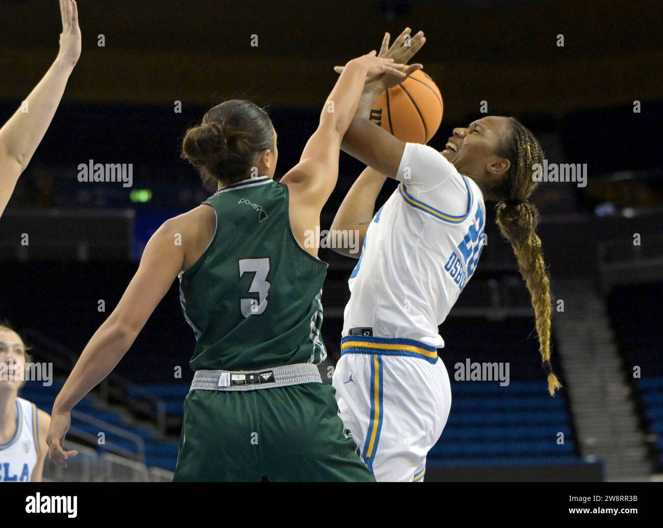 Hawaii guard Ashley Thoms (3) defends against a shot by UCLA guard ...