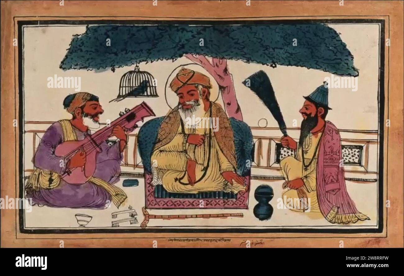 Woodblock print of Guru Nanak with Bhai Mardana and Bala, Amritsar ...