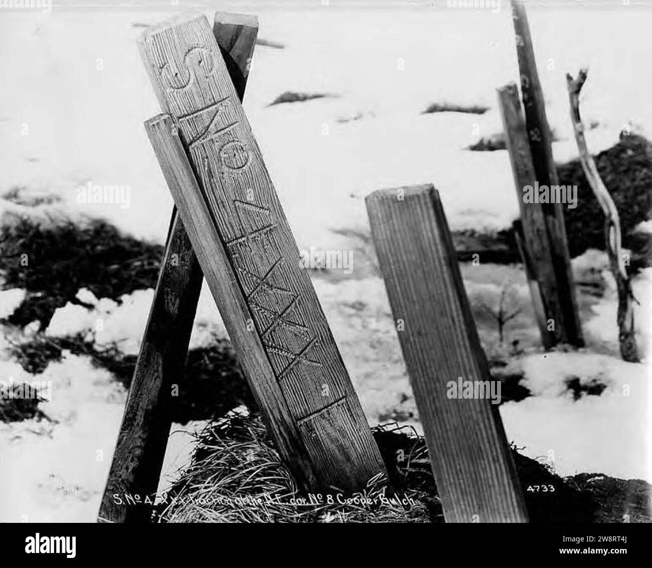 Wooden stakes in snow, possibly mining claim, Nome, Alaska, circa 1905 ...