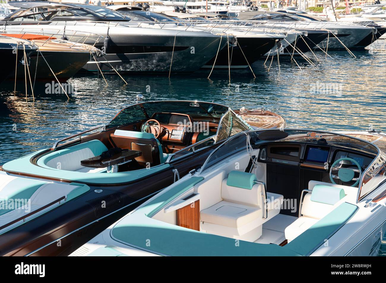 Monaco, Monte Carlo, 28 September 2022 - Riva boats in a row and a lot ...