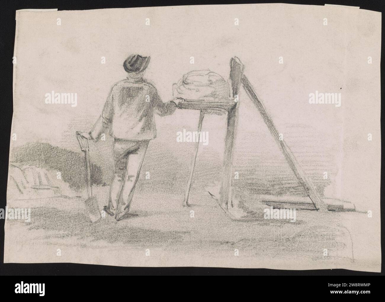 Worker, perhaps a mason or hod carrier, seen from behind holding a ...