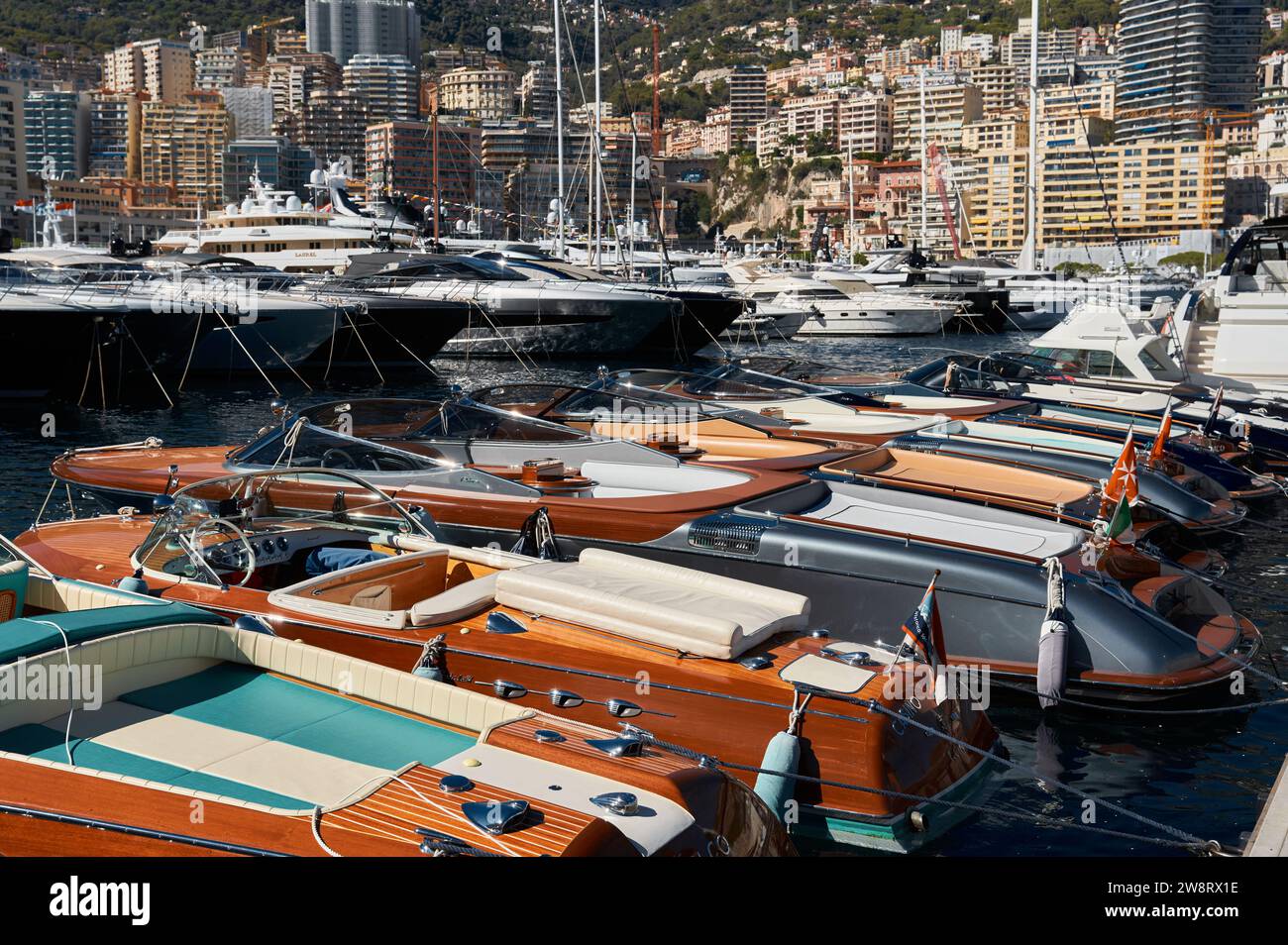 Monaco, Monte Carlo, 28 September 2022 - Riva boats in a row and a lot ...