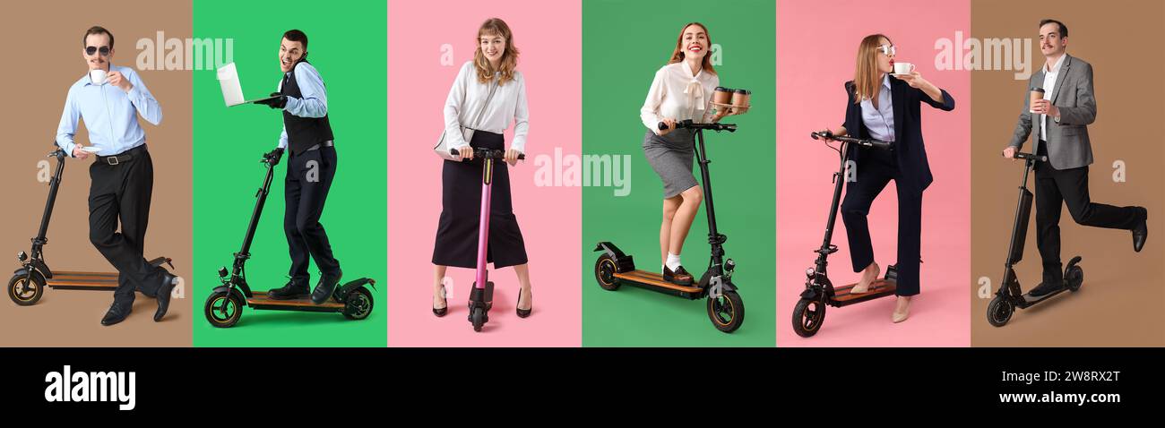 Collage of business people with electric kick scooter on color ...