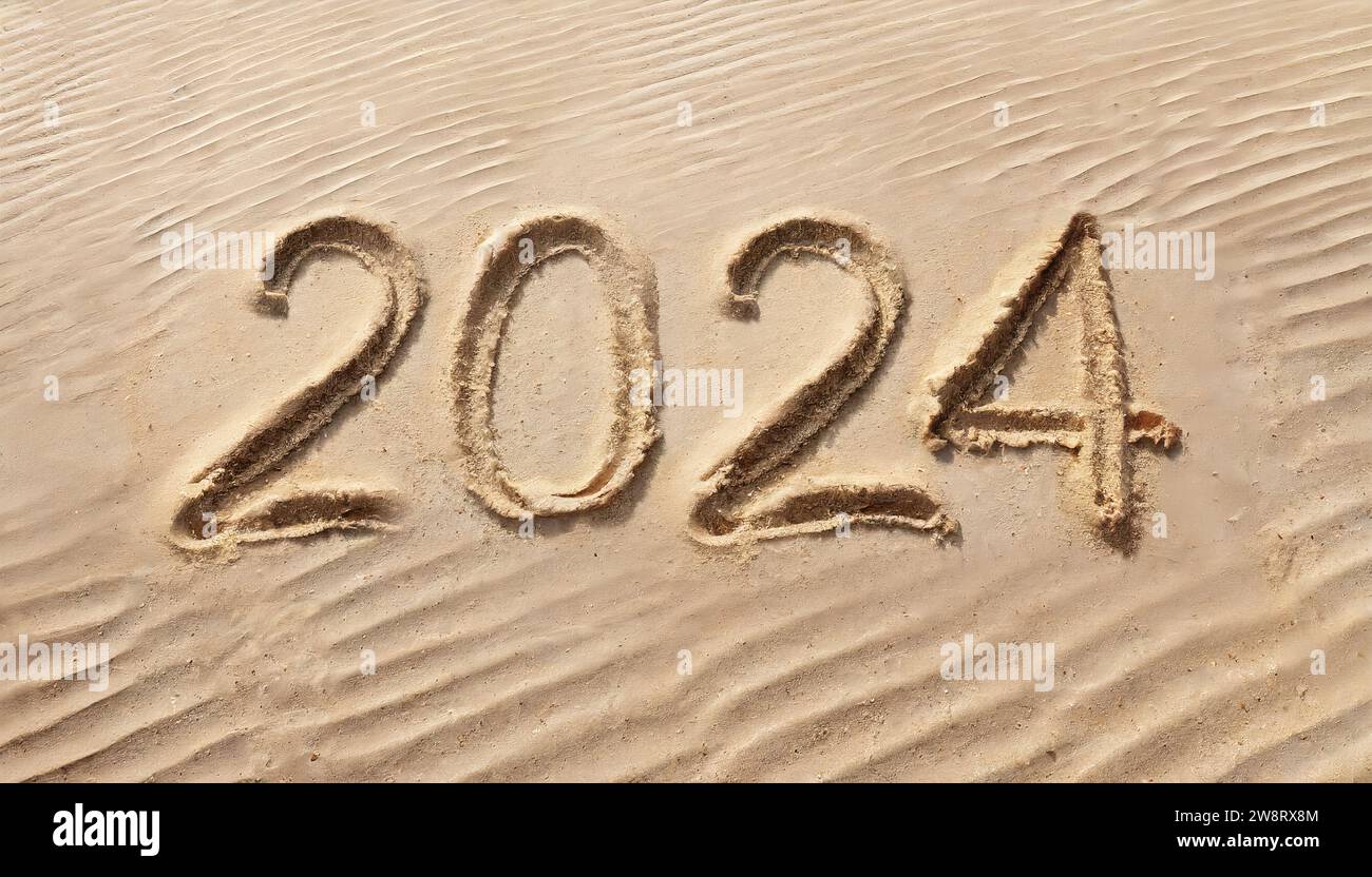 Happy new year 2024 written on sand. Generative AI illustration Stock ...