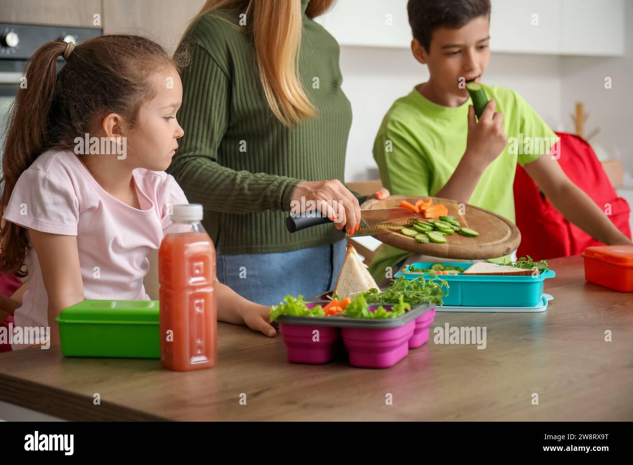 Mother preparing school lunch for her little children in kitchen Stock ...