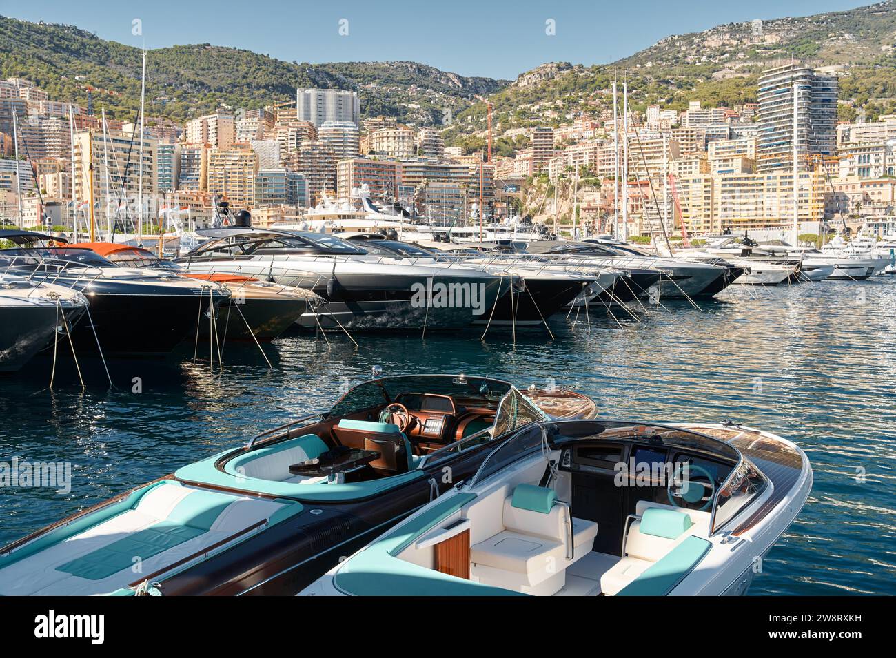 Monaco, Monte Carlo, 28 September 2022 - Riva boats in a row and a lot ...