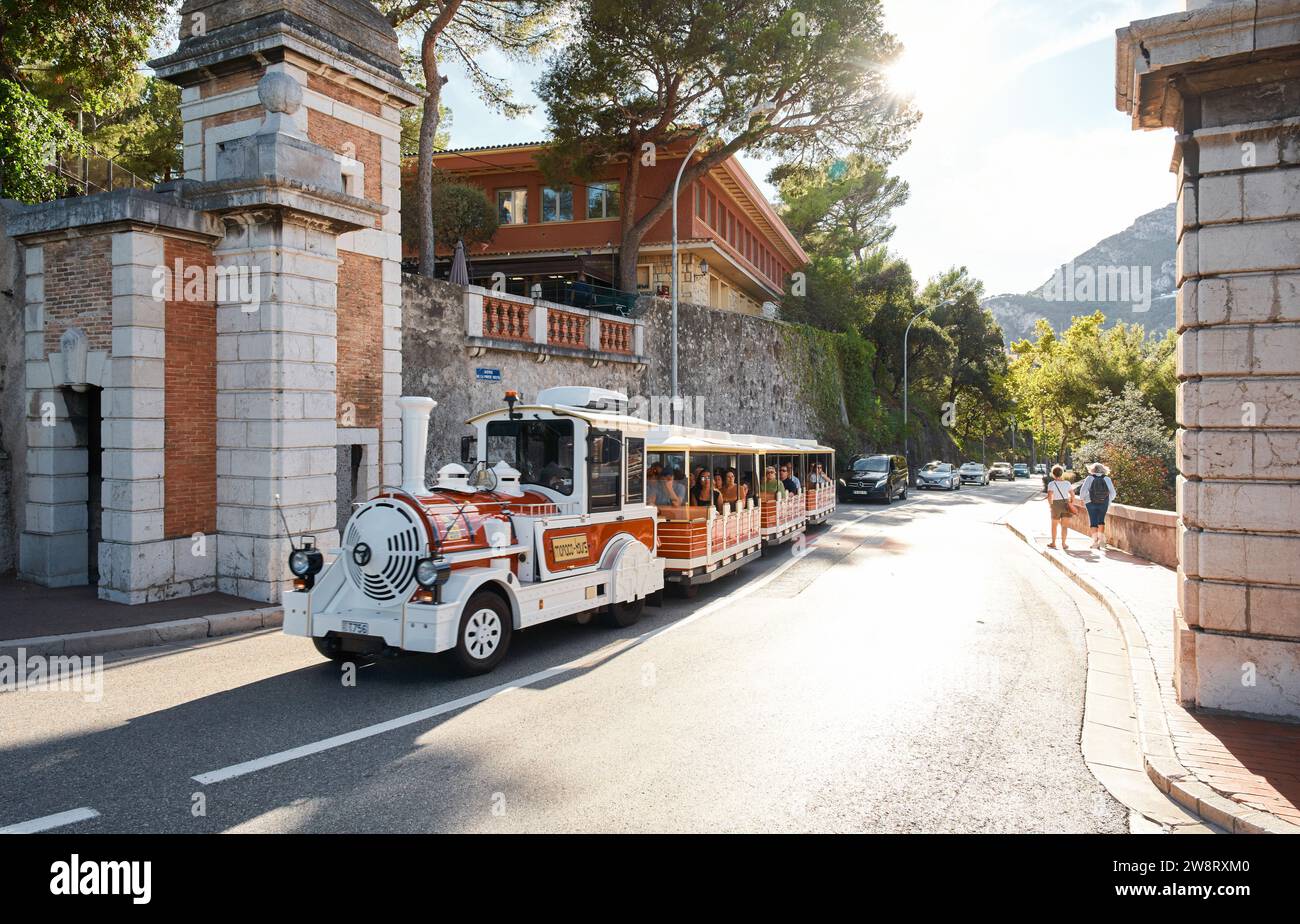 Monaco, Monte Carlo, 28 September 2022 - A touristic train goes uphill ...