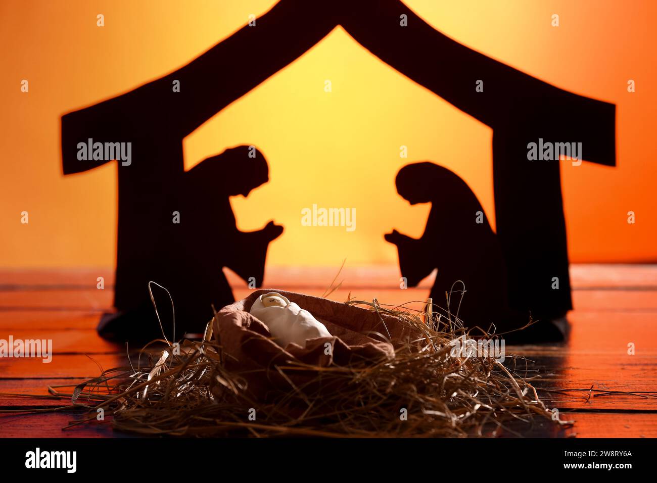 Christmas nativity scene of Joseph and Mary with baby Jesus against ...