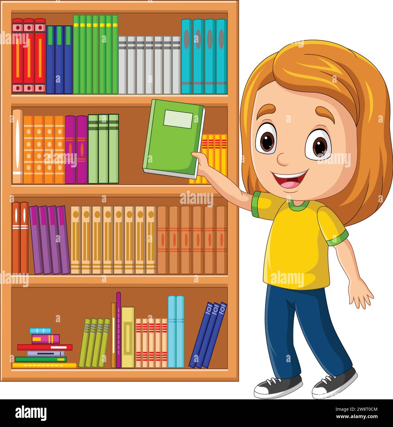 Cartoon little girl putting books back on shelves Stock Vector Image ...