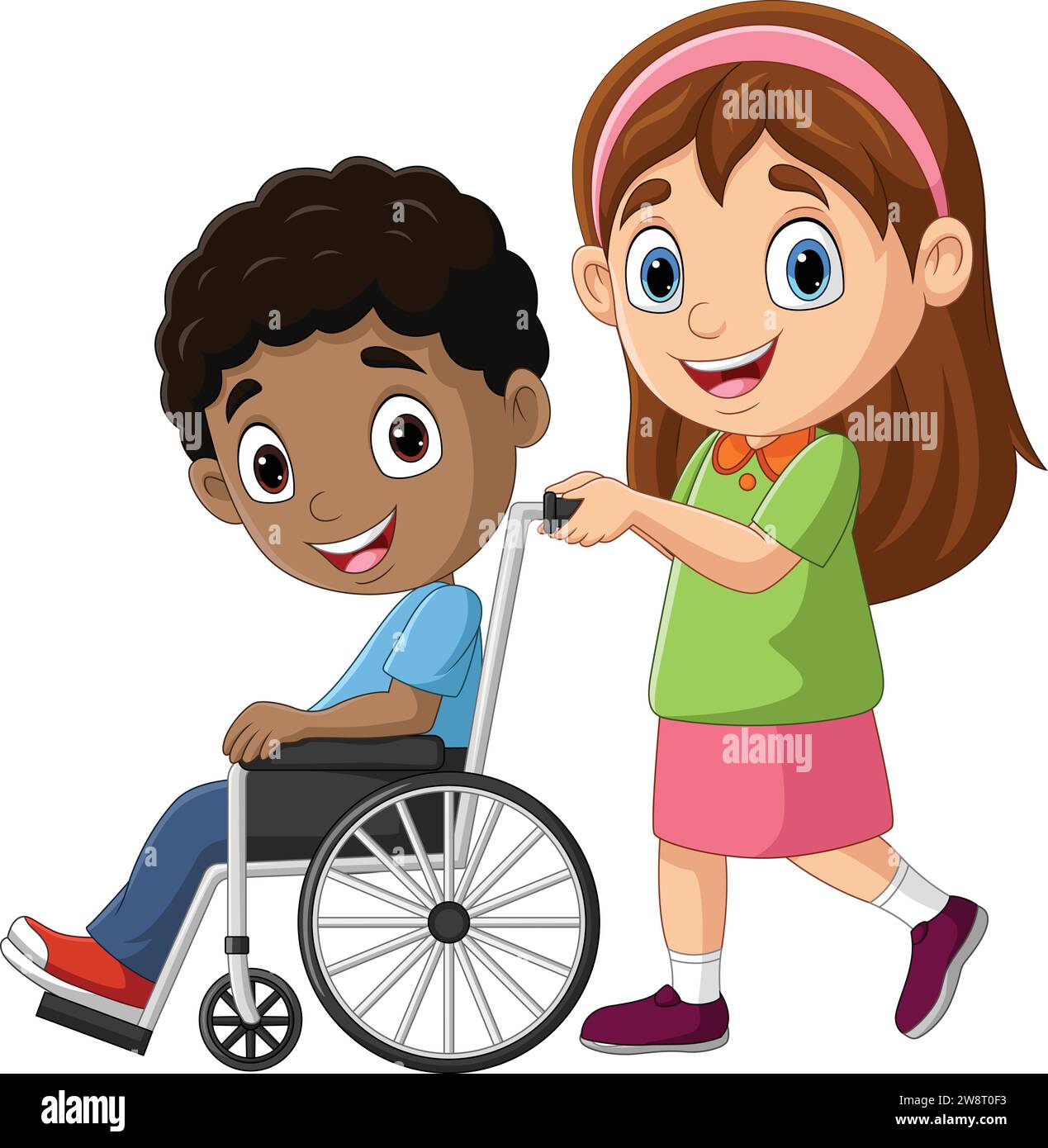 Cartoon little girl helping a boy in wheelchair Stock Vector Image ...