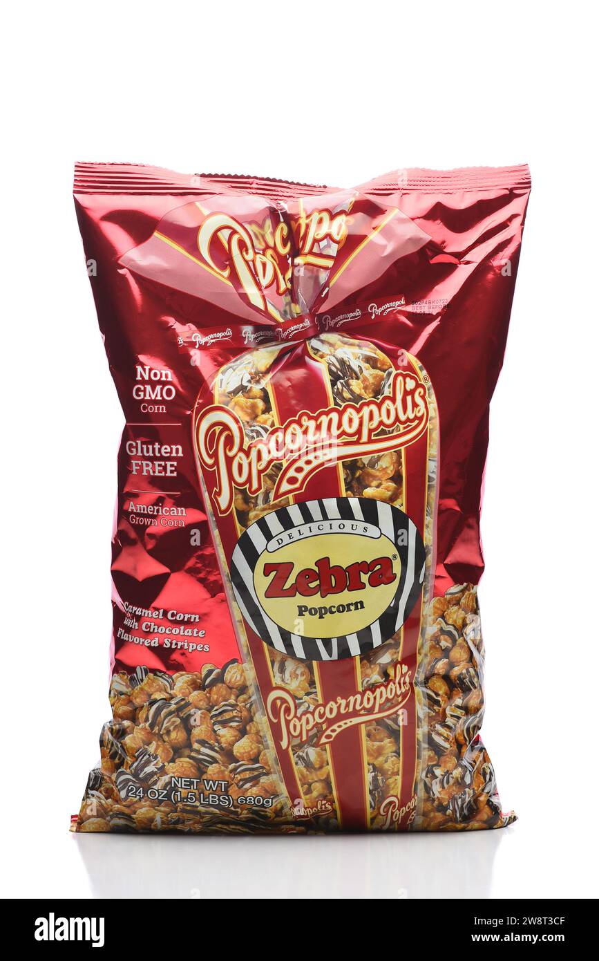 IRVINE, CALIFORNIA - 21 DEC 2023: A bag of Popcornopolis Zebra Popcorn ...