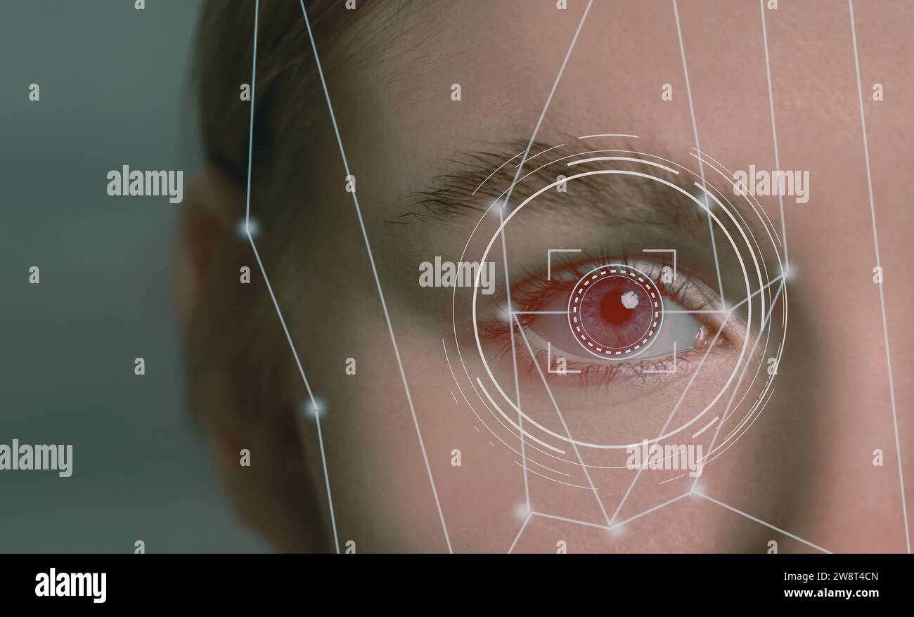 Facial and iris recognition. Woman with digital biometric grid and scan ...
