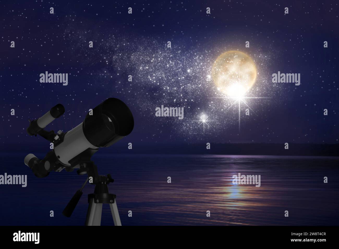 Astronomy. Viewing beautiful starry sky with full moon through ...