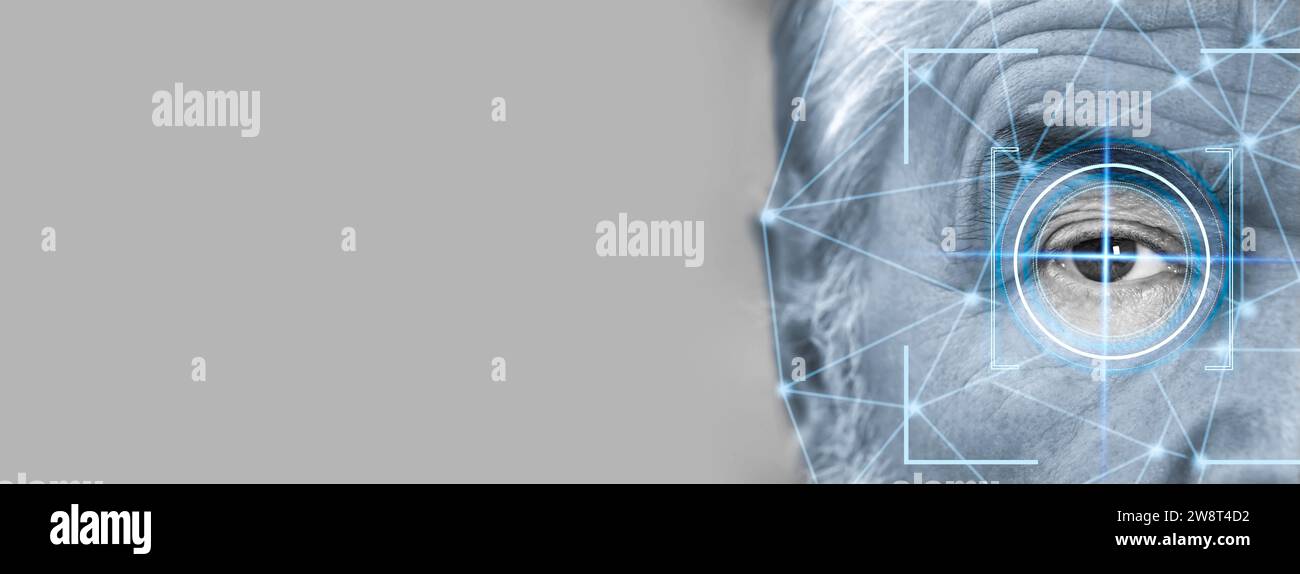 Facial and iris recognition. Man with digital biometric grid and scan ...