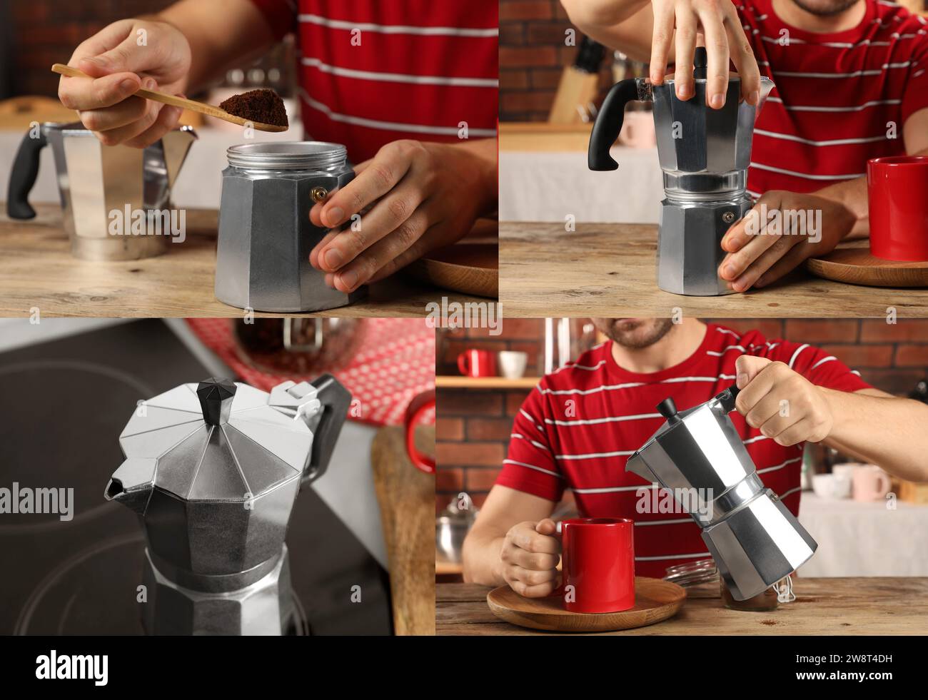 Making coffee with moka pot step-by-step. Collage with photos Stock ...