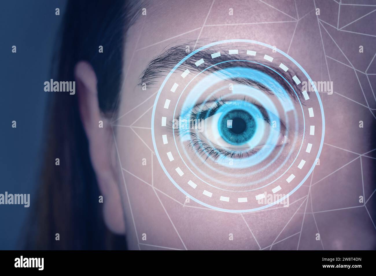 Facial and iris recognition. Woman with digital biometric grid and scan ...