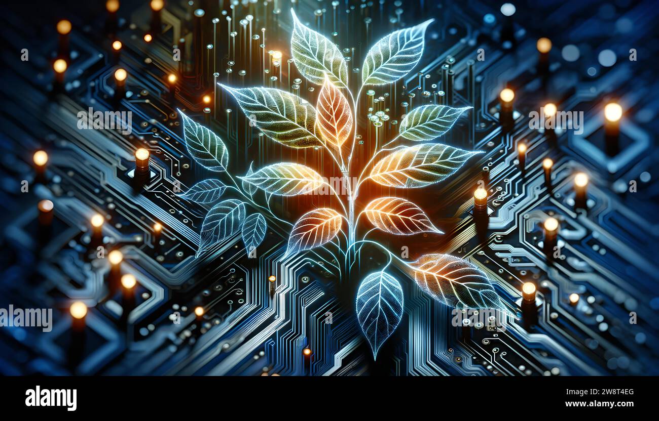 Close-up of glowing digital leaves on circuitry tree, revealing detailed harmony between digital ...