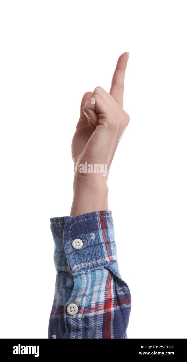 Woman pointing with index finger on white background, closeup ...