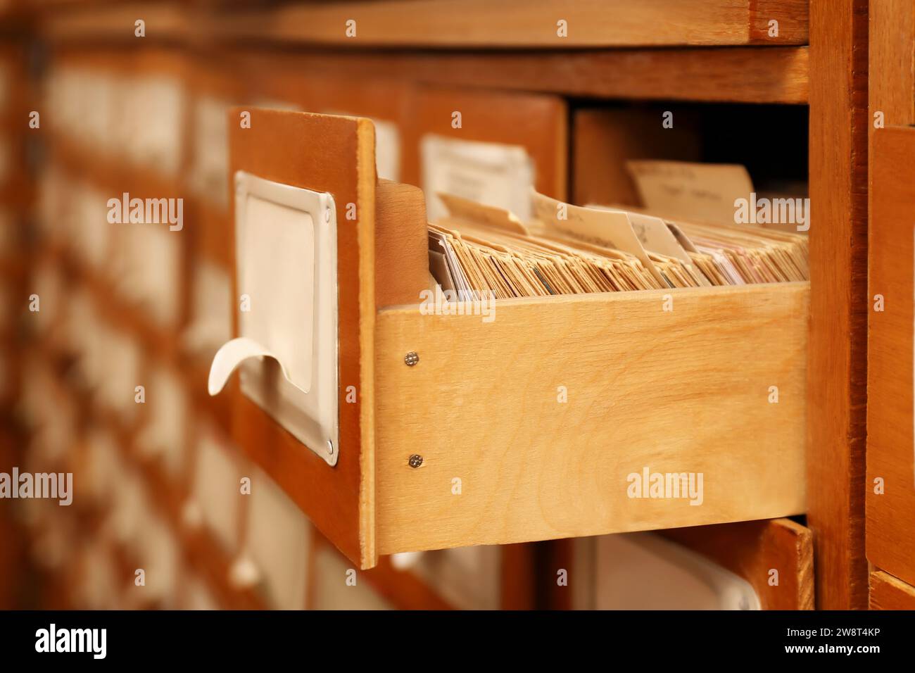 Closeup view of library card catalog drawers Stock Photo - Alamy