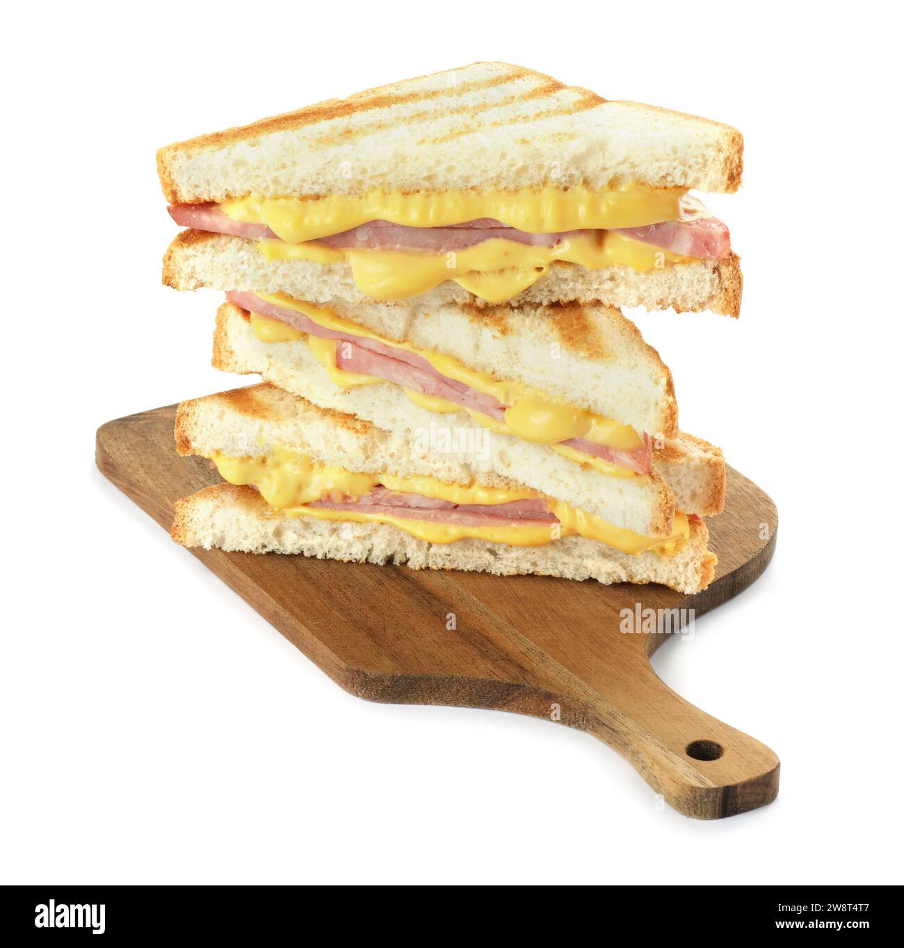 Stack of tasty sandwiches with ham and melted cheese isolated on white ...