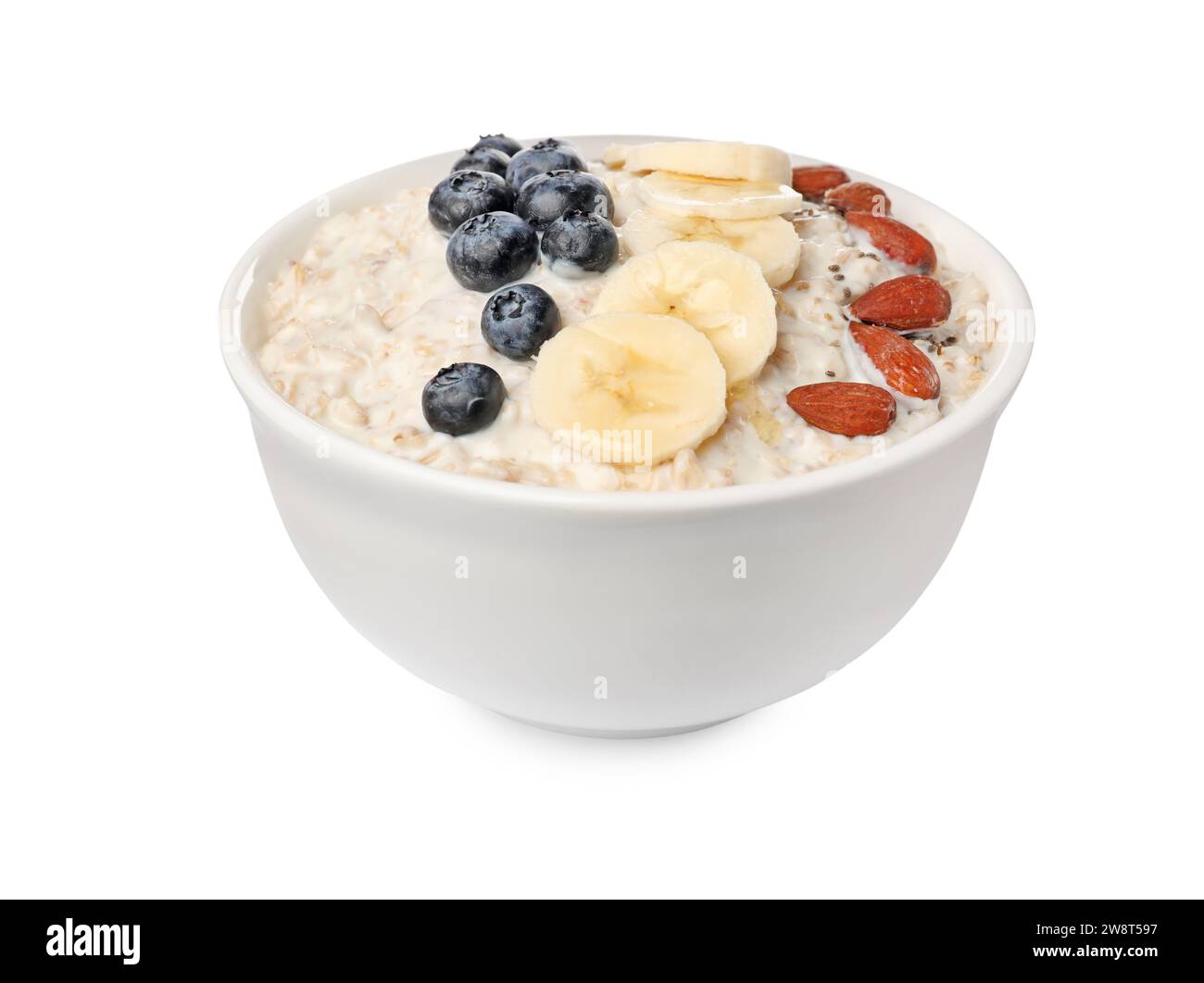 Tasty boiled oatmeal with blueberries, banana, almonds and chia seeds ...