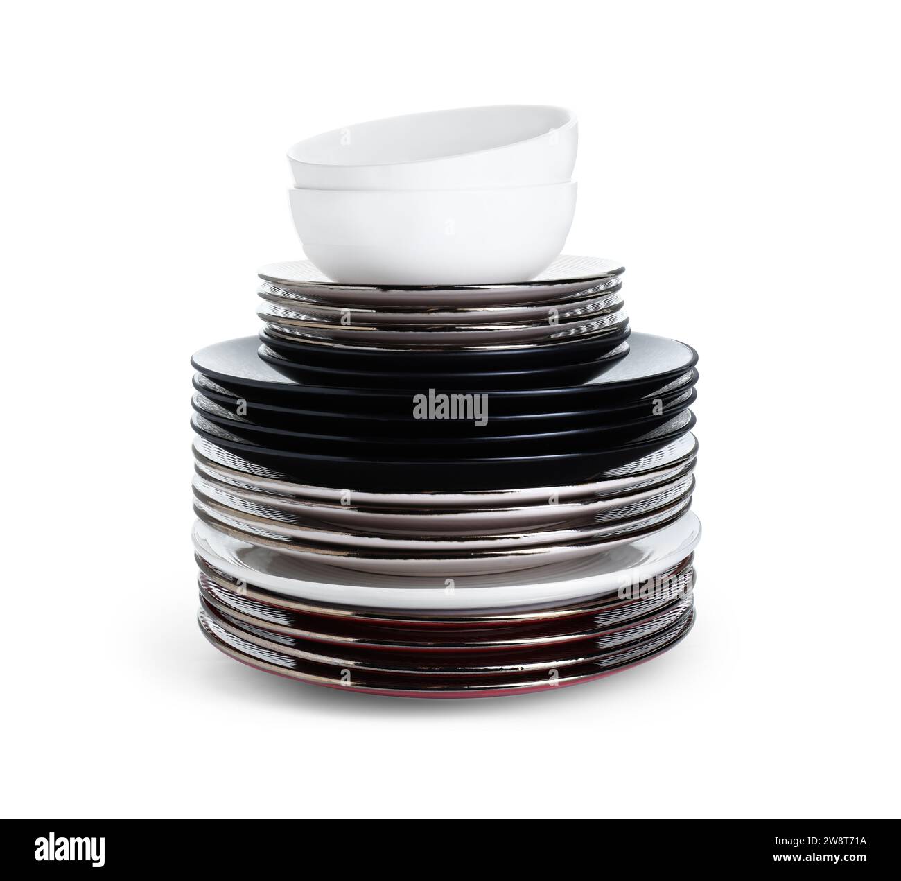 Stack of beautiful ceramic plates and bowls isolated on white Stock ...