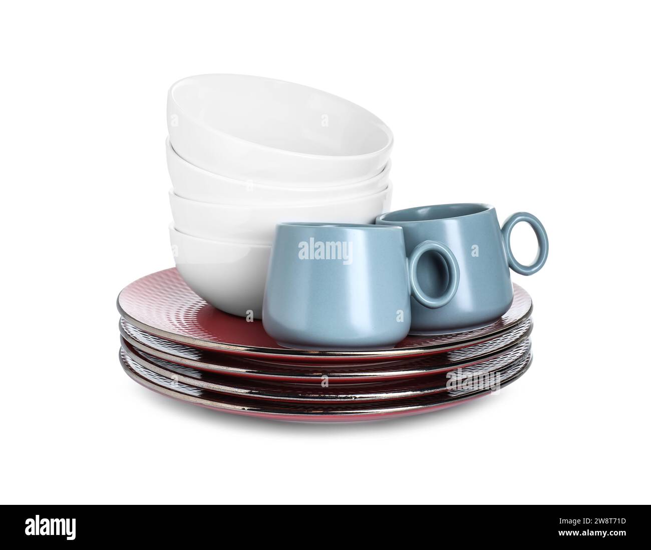 Beautiful ceramic plates, bowls and cups isolated on white Stock Photo ...
