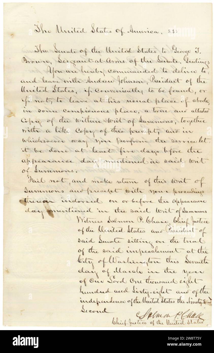 Writ of Summons to Andrew Johnson by Chief Justice Samuel P. Chase ...