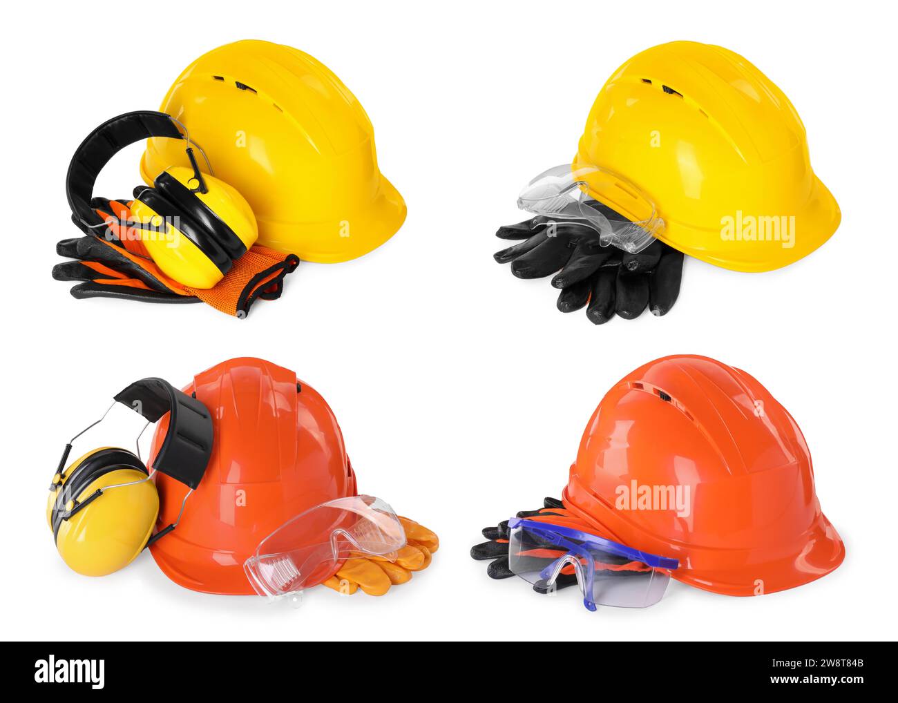 Safety equipment, collection. Hard hats, gloves, protective headphones and goggles isolated on ...