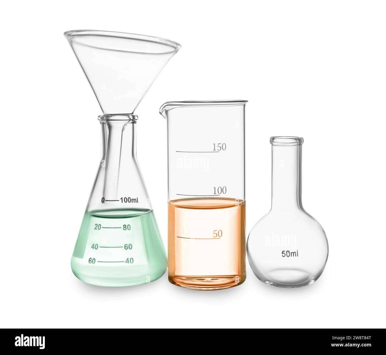 Different laboratory glassware with colorful liquids isolated on white ...