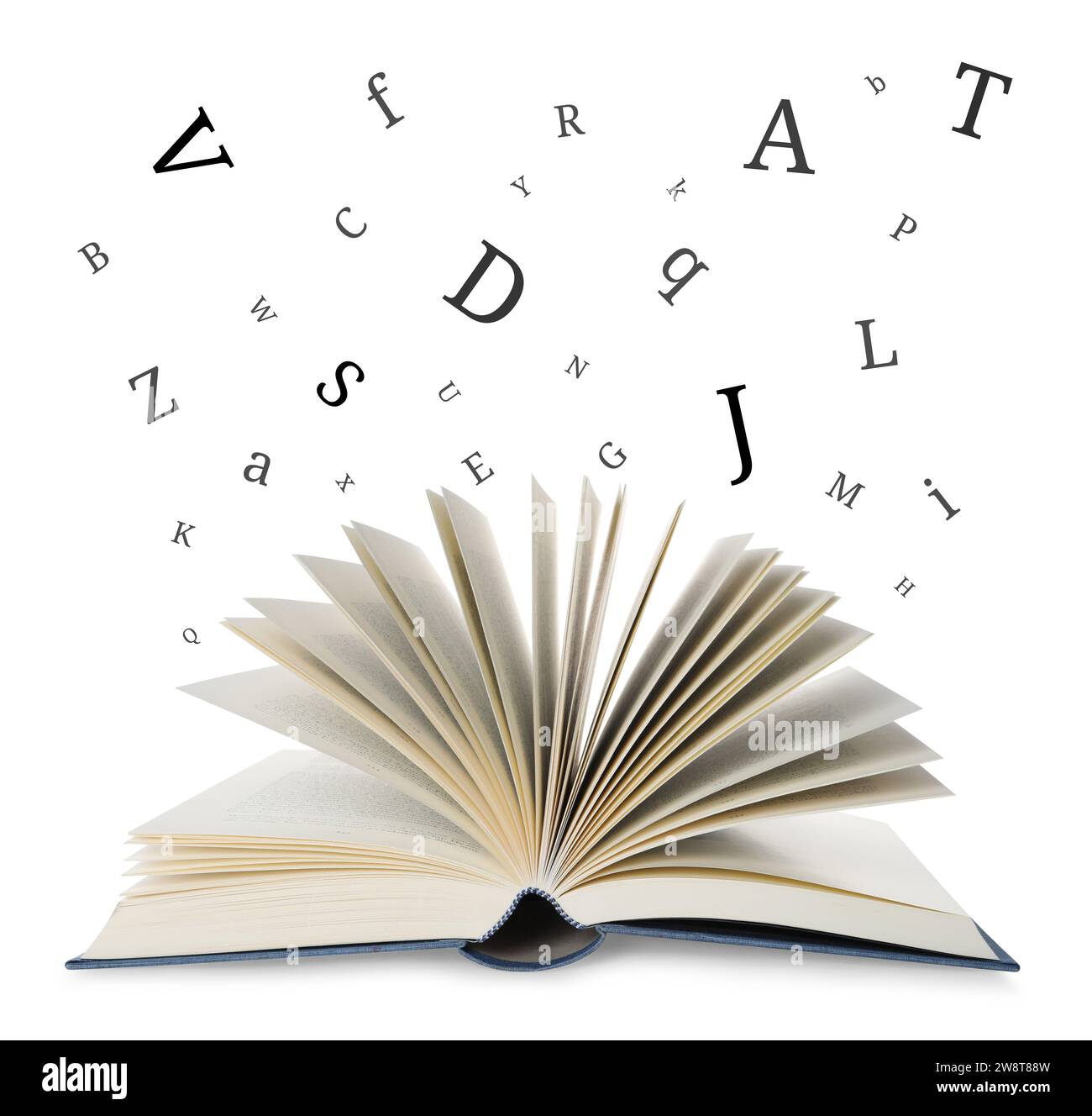 Open book with letters flying out of it on white background Stock Photo ...