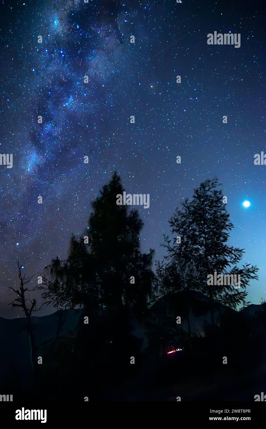 Nighttime atmosphere on Mount Bromo, Indonesia. A milkyway appeared ...