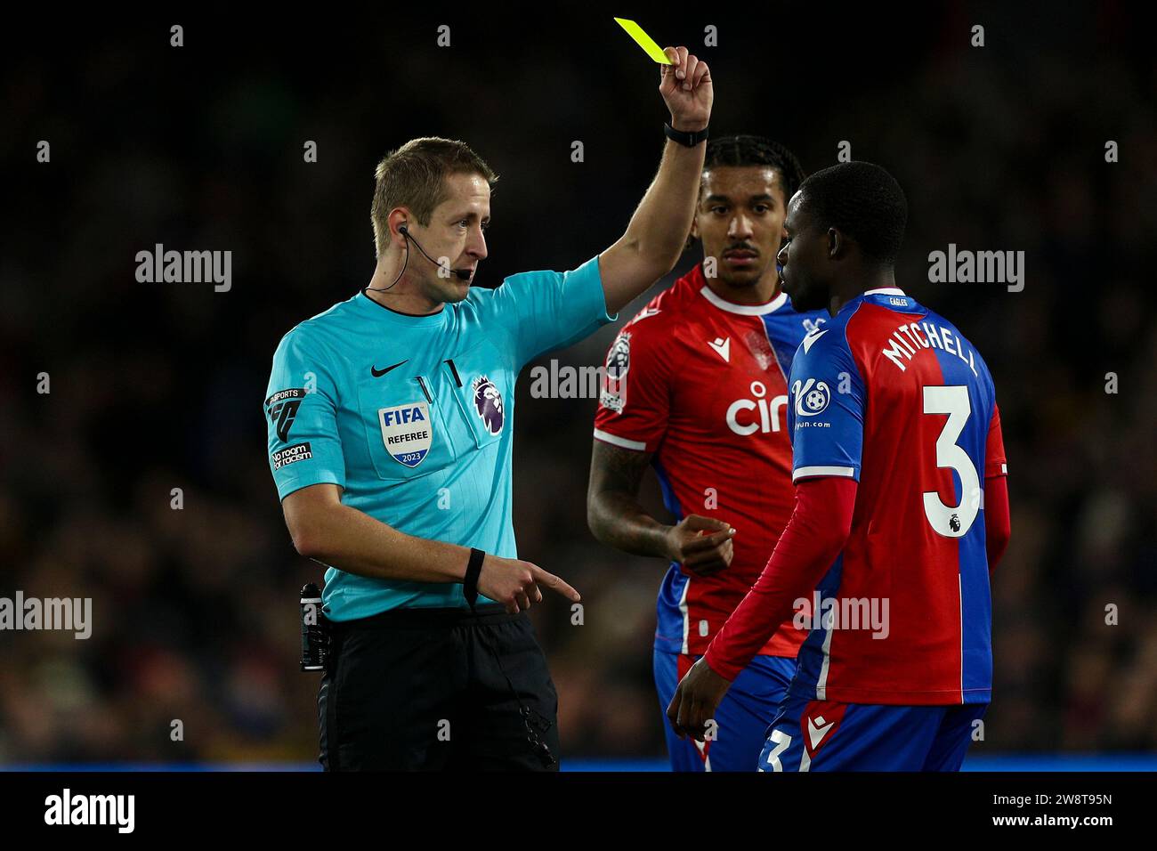 Tyrick Mitchell of Crystal Palace gets a yellow card during the Premier ...