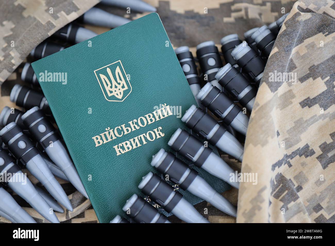 Ukrainian military ID on fabric with texture of pixeled camouflage ...