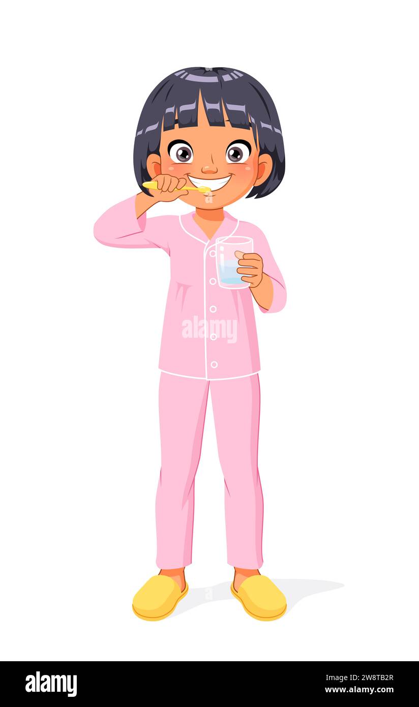 Cute Asian girl brushing her teeth. Cartoon vector illustration Stock ...
