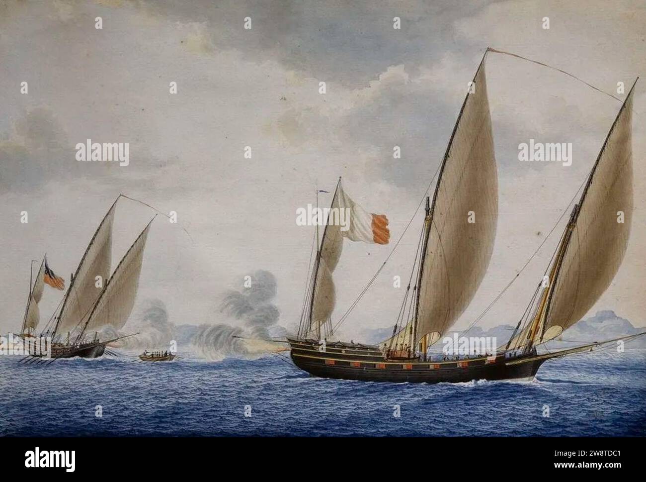 Xebec Conception in combat with xebec Le Volcan, 1804, by Nicolas Cammillieri 1089920X Stock ...