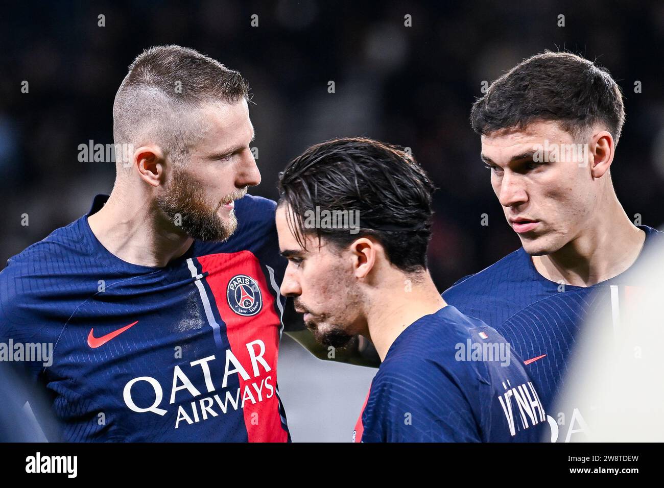 Paris, France. 20th Dec, 2023. Milan Skriniar Vitinha and Manuel Ugarte during the Ligue 1 ...