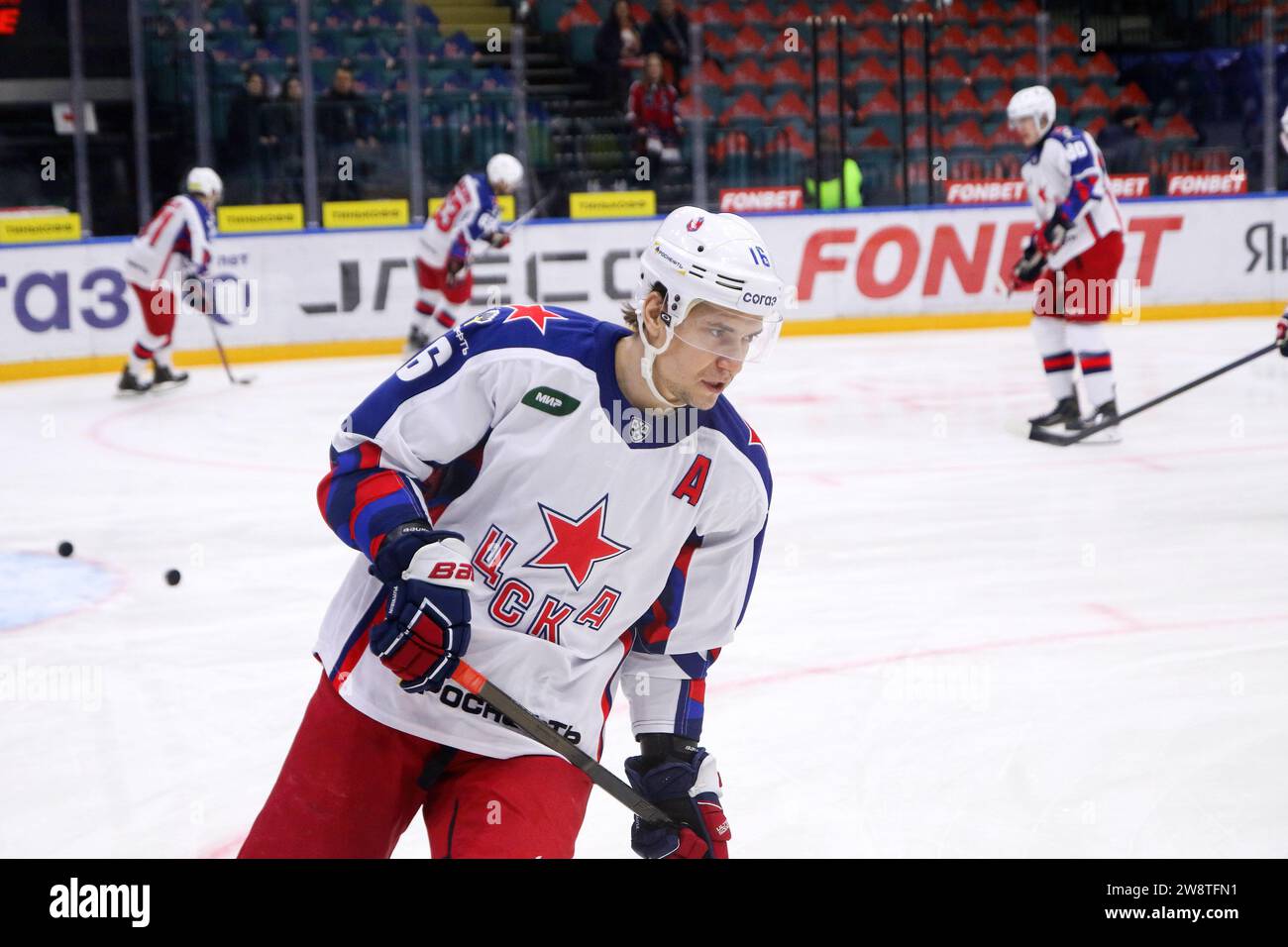 Saint Petersburg, Russia. 21st Dec, 2023. CSKA Hockey Club player, Sergei Plotnikov (16) seen in ...