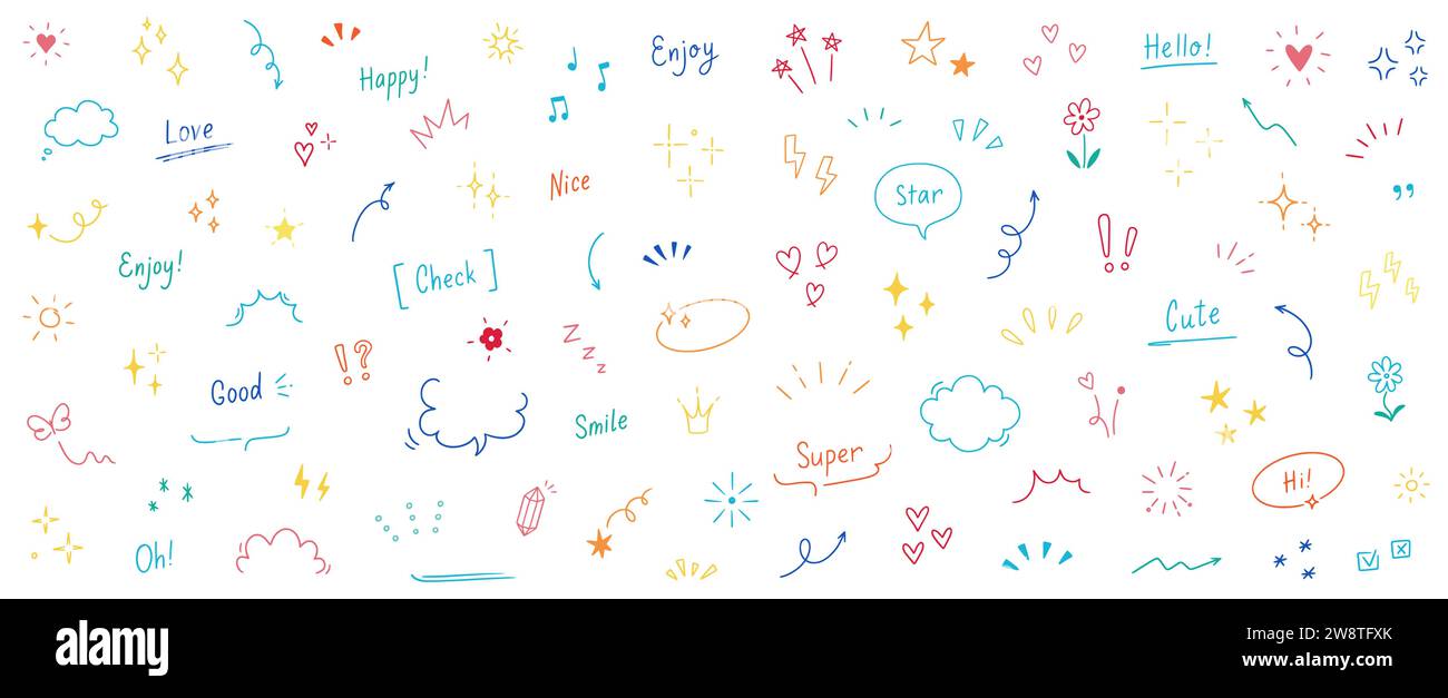 Doodle cute star, heart, arrow pen line color elements. Doodle heart ...