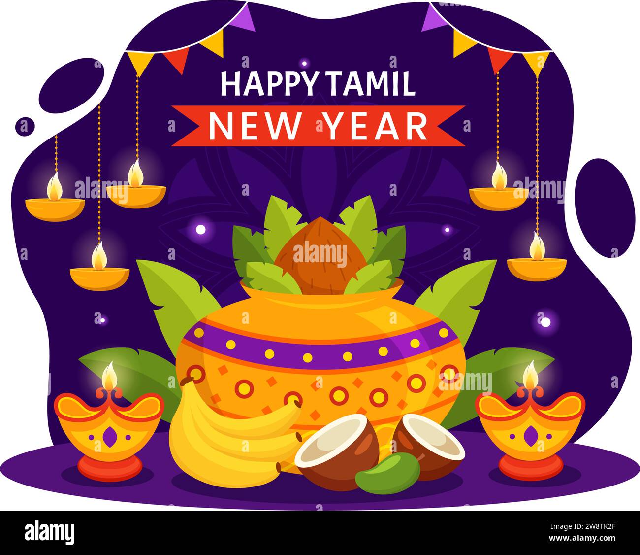 Happy Tamil New Year Vector Illustration with Vishu Flowers, Coconut ...