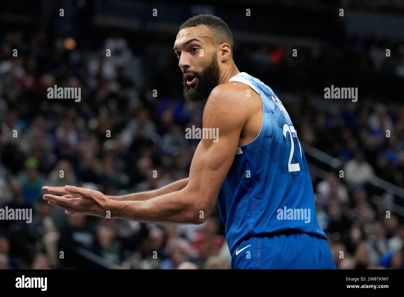 Minnesota Timberwolves guard Mike Conley (10) gestures toward a referee ...