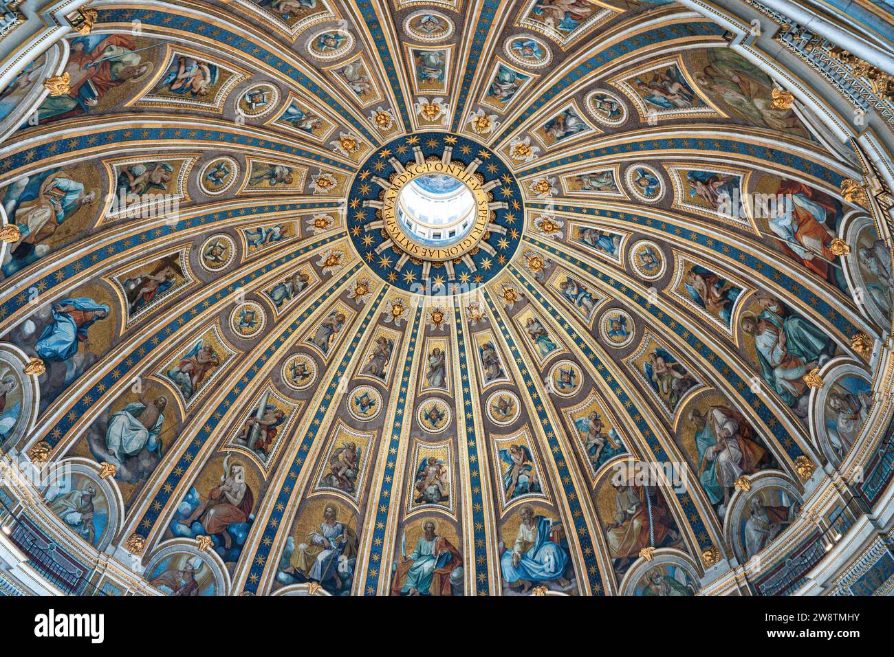 View of Vatican decorated St. Peter's Basilica ceiling dome. Round ...