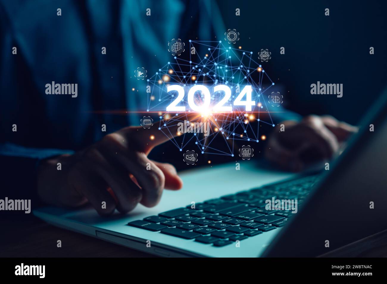 Business growing in 2024. Businessman hand touch virtue screen with ...